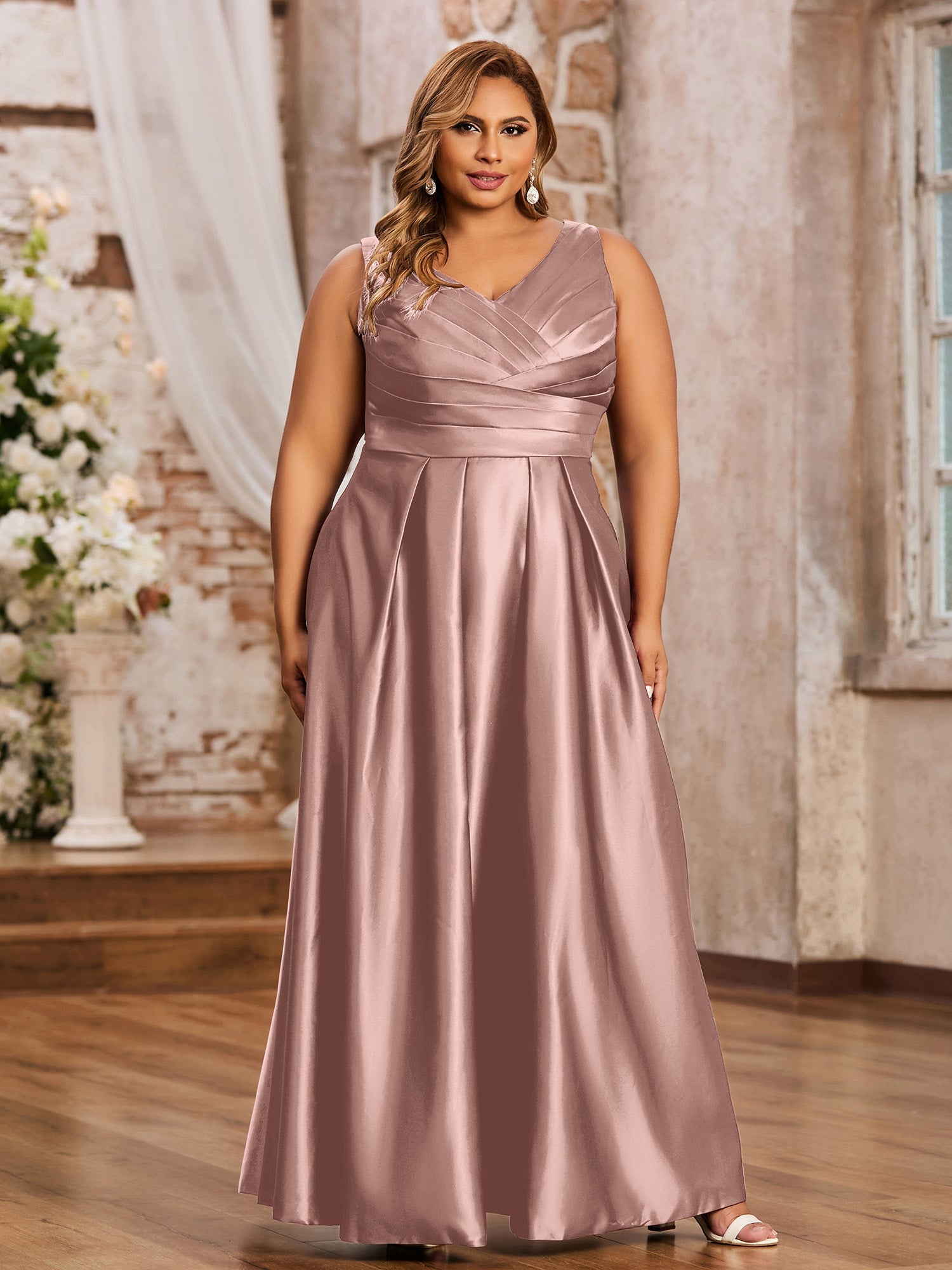 V neck Satin Long Dresses with Open Back Dusty Rose Dusty Rose UK4