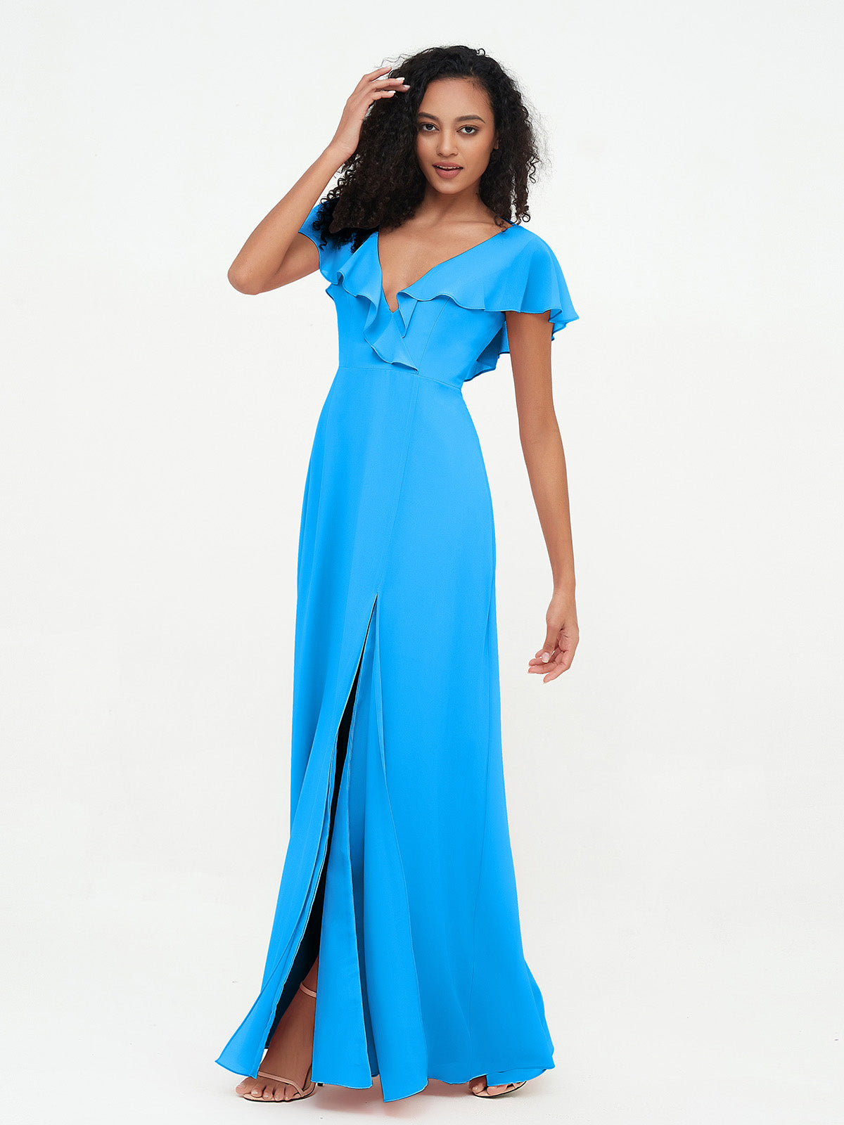 Deep V Neck Chiffon Dresses With Slit Pockets Ocean Blue Babaroni