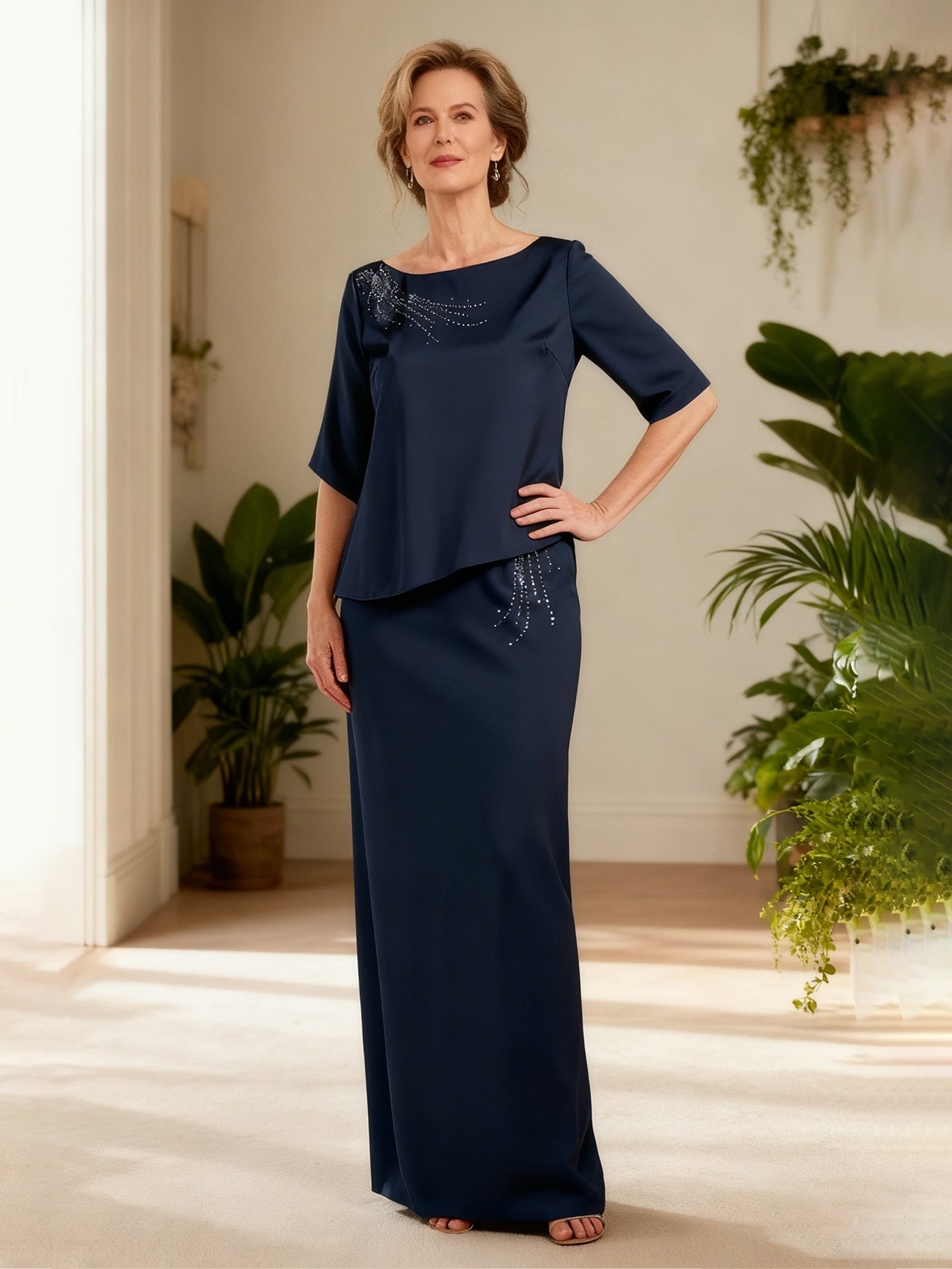 Boat Neck Overlay Top Half Sleeve Maxi Mother Dress Dark Navy – BABARONI UK