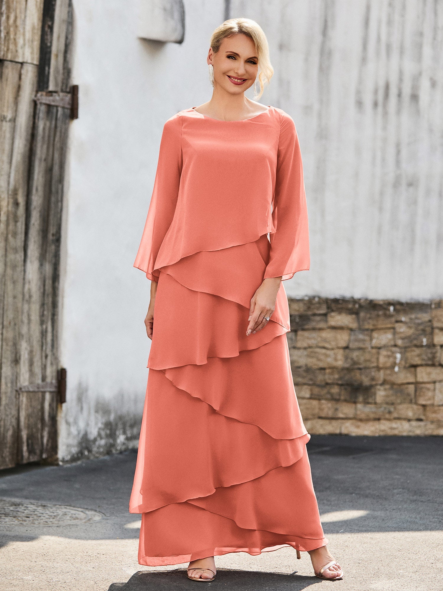 Elegant Bateau Dress with Cascading Ruffles Sunset – BABARONI UK