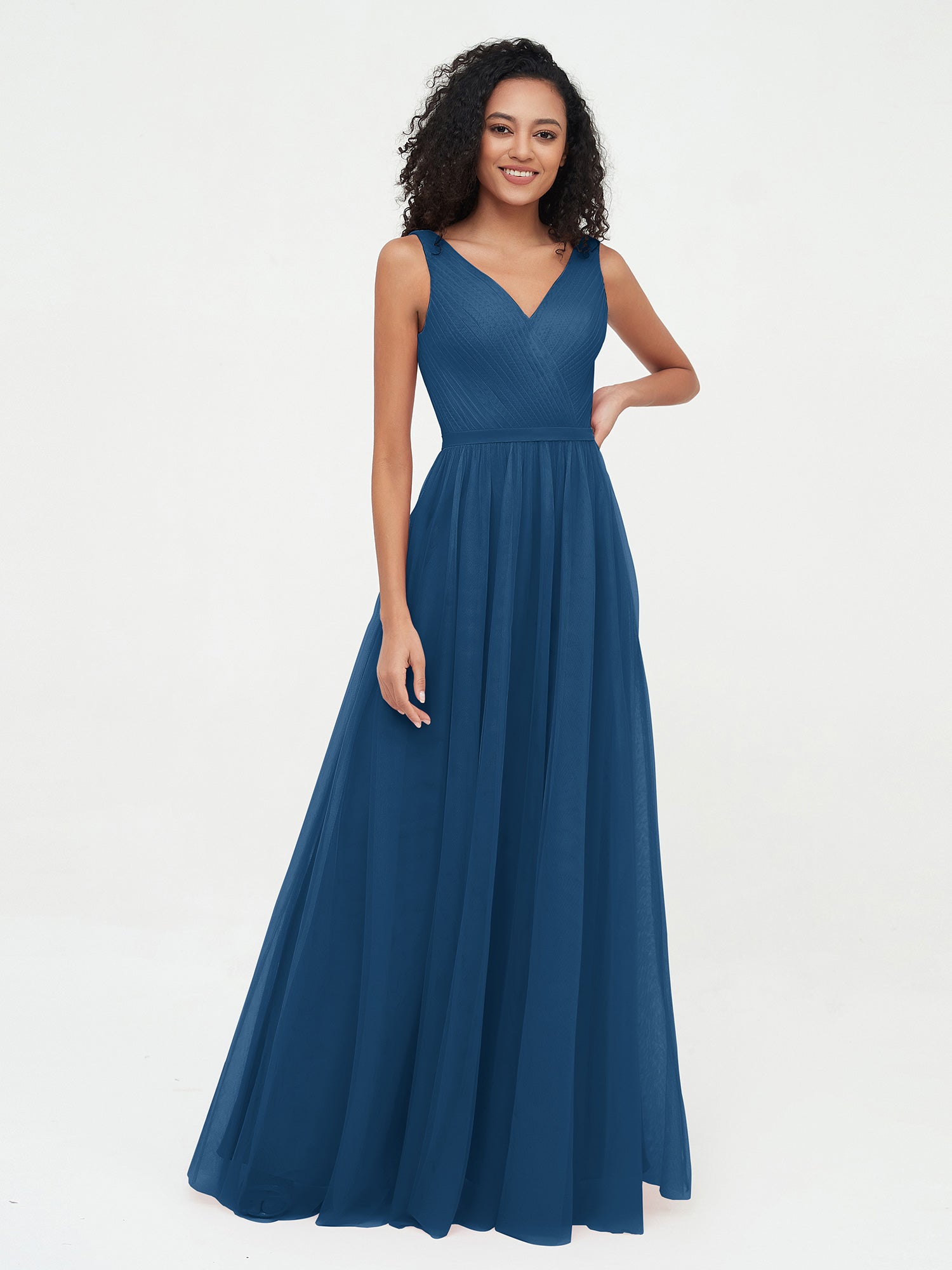 A-line V-neckline Long Tulle Dresses Ink Blue | BABARONI – BABARONI UK