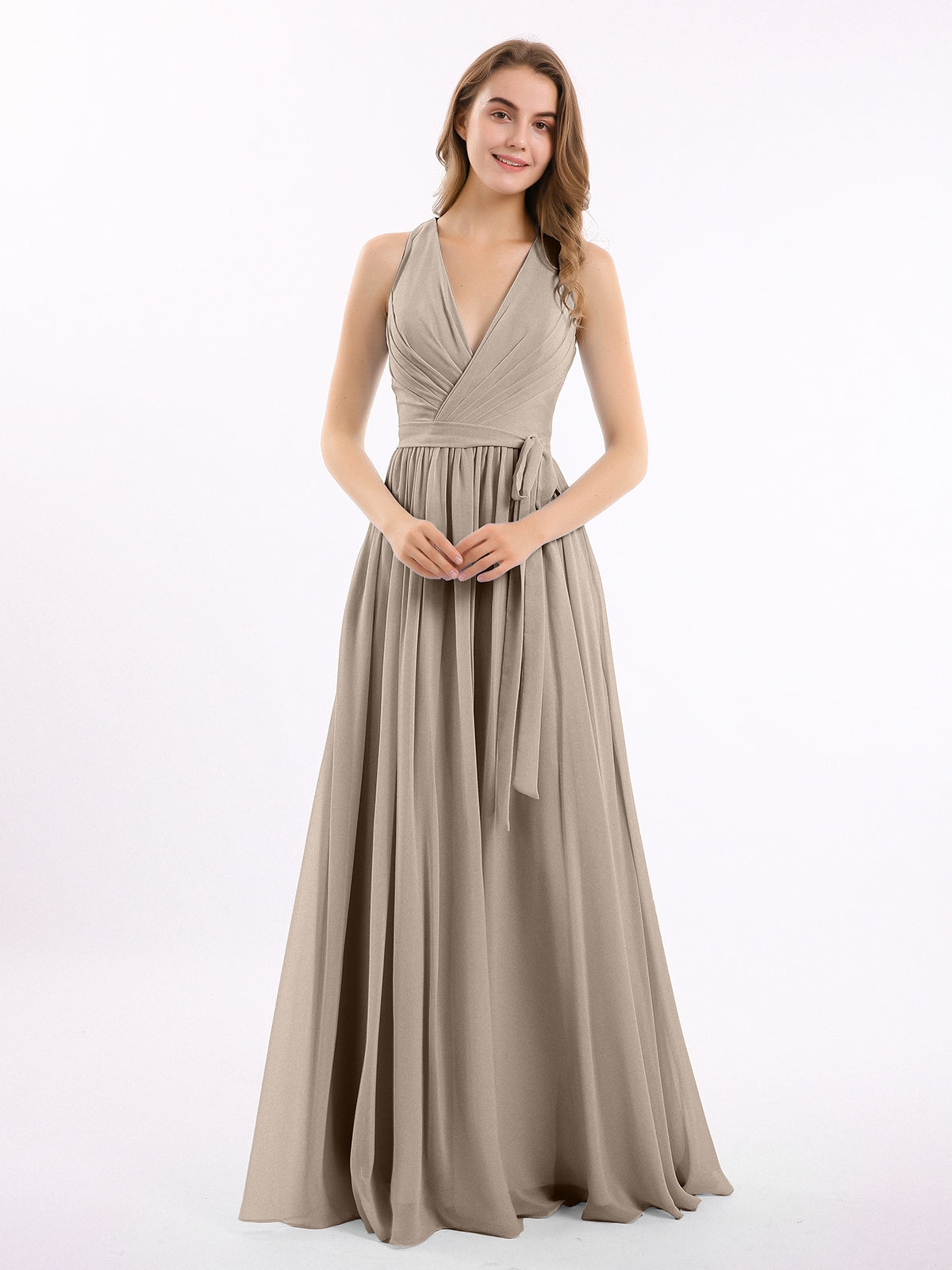 Classic Chiffon Dress with Deep V Neck Taupe | BABARONI – BABARONI UK